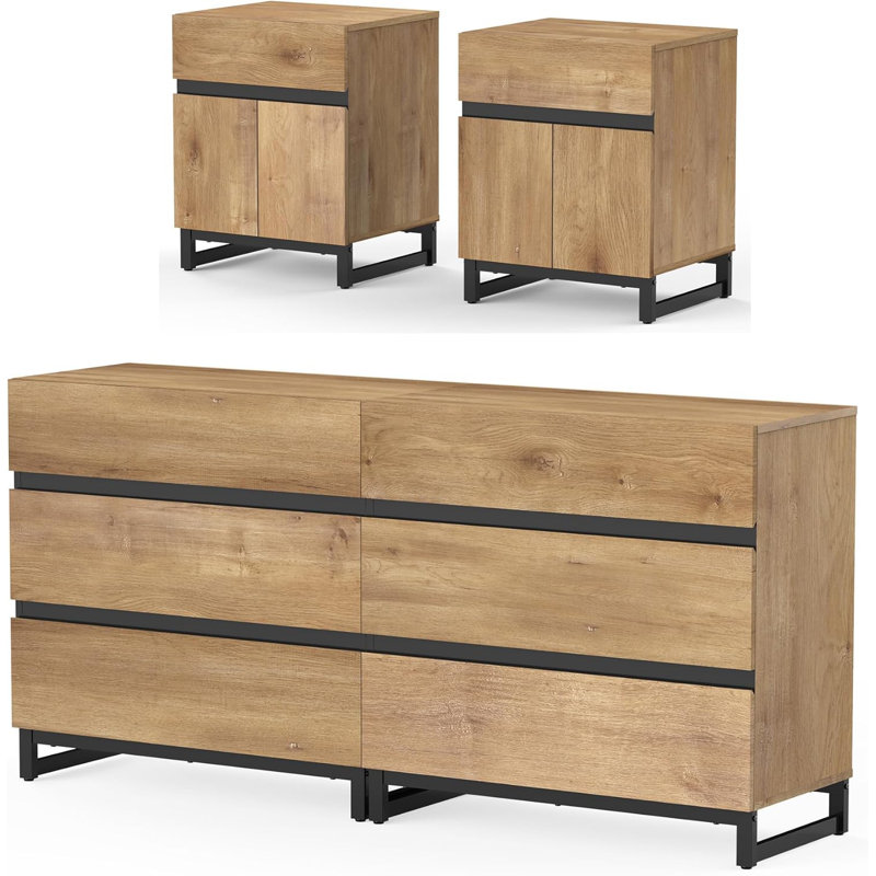 17 Stories 3 Piece Dresser And Nightstand Set 63 Inches Dresser With 6 Drawers 2 Nightstand With Drawer And Cabinet For Bedroom Bedroom Furniture Set Oak Wayfair